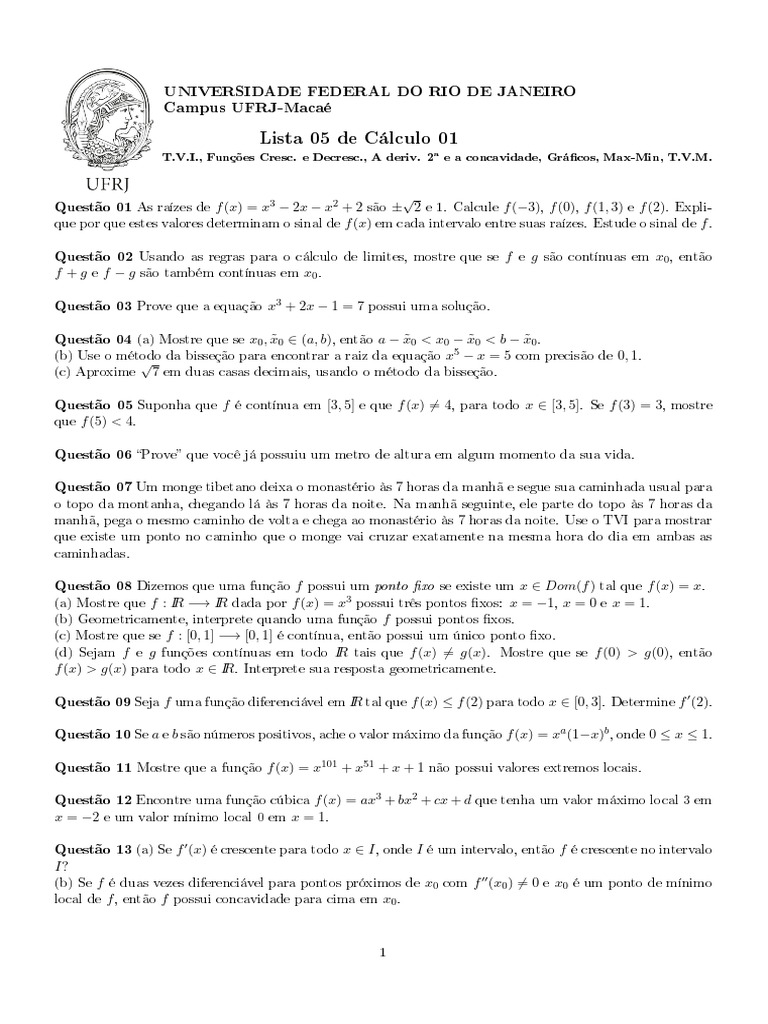 (UFRJ-Macaé) Lista 05 - Cálculo Integral e Diferencial - 2016.1 (Teorema Do Valor Intermediário ...