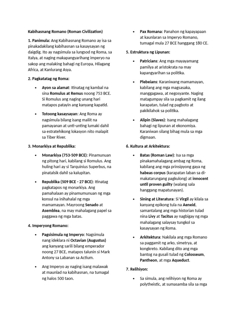 Kabihasnang Romano Students Notes Q2 WEEK2 | PDF