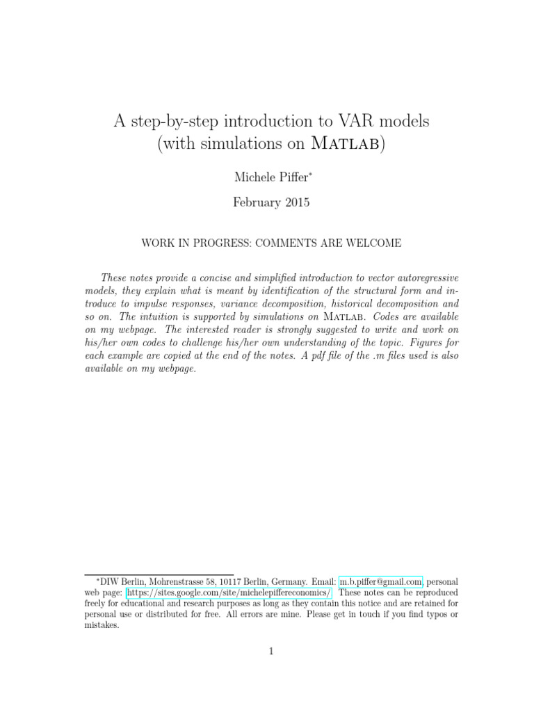 A Step-By-Step Introduction To VAR Models (With Simulations On Matlab) - Michele Piffer | PDF ...