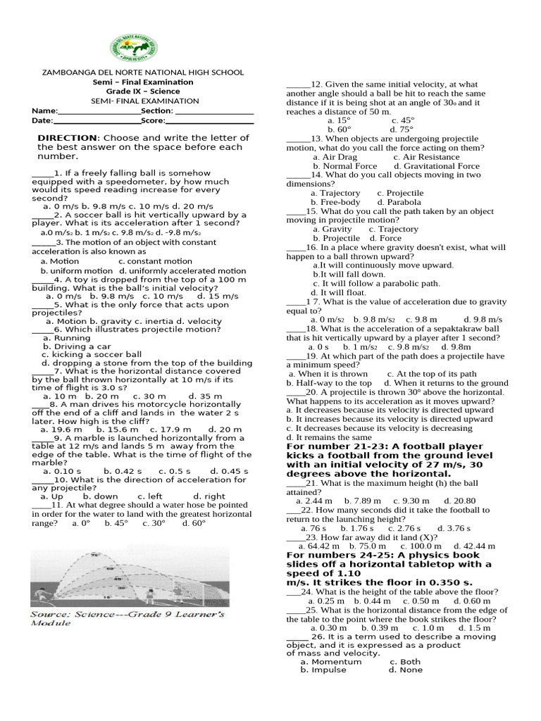 Grade IX Science Semi-Final Exam | PDF | Momentum | Collision