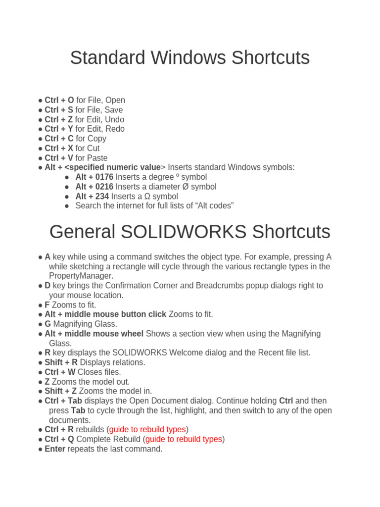 General SOLIDWORKS Shortcuts | PDF | Input/Output | Computing