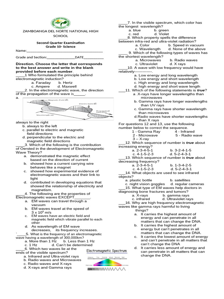 Second Quarter Test Grade X (2022-23) | PDF | Electromagnetic Radiation ...