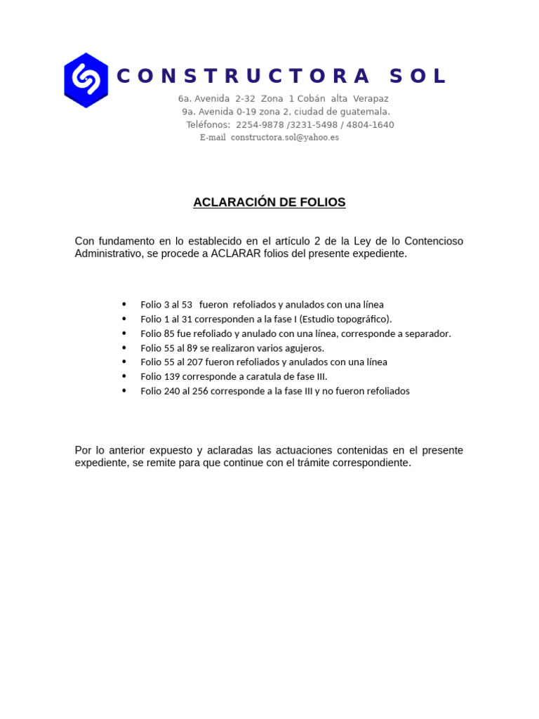 Aclaracion de Folios | PDF