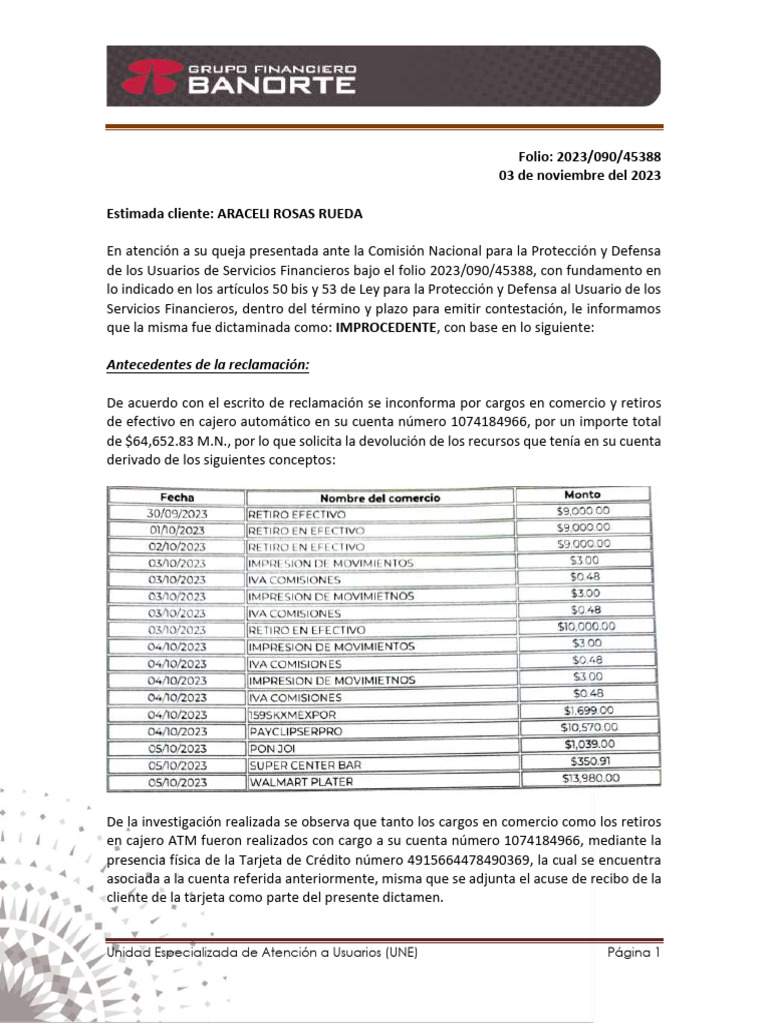 Folio: 2023/090/45388 03 de Noviembre Del 2023 Estimada Cliente: ARACELI ROSAS RUEDA | PDF | Emv ...