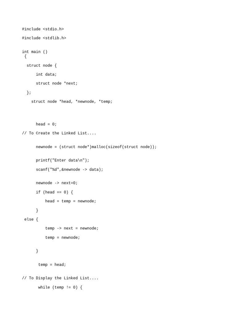 Creation & Display of Linked List Using C | PDF