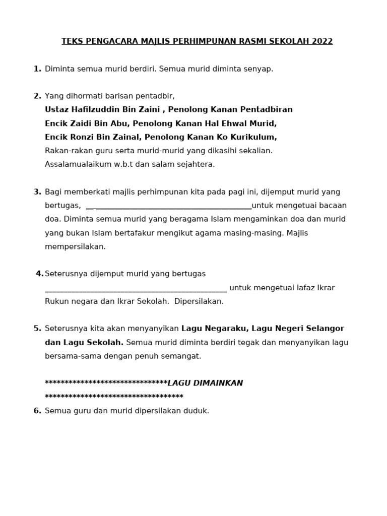Teks Pengerusi Majlis Perhimpunan Rasmi Sekolah 2022 | PDF