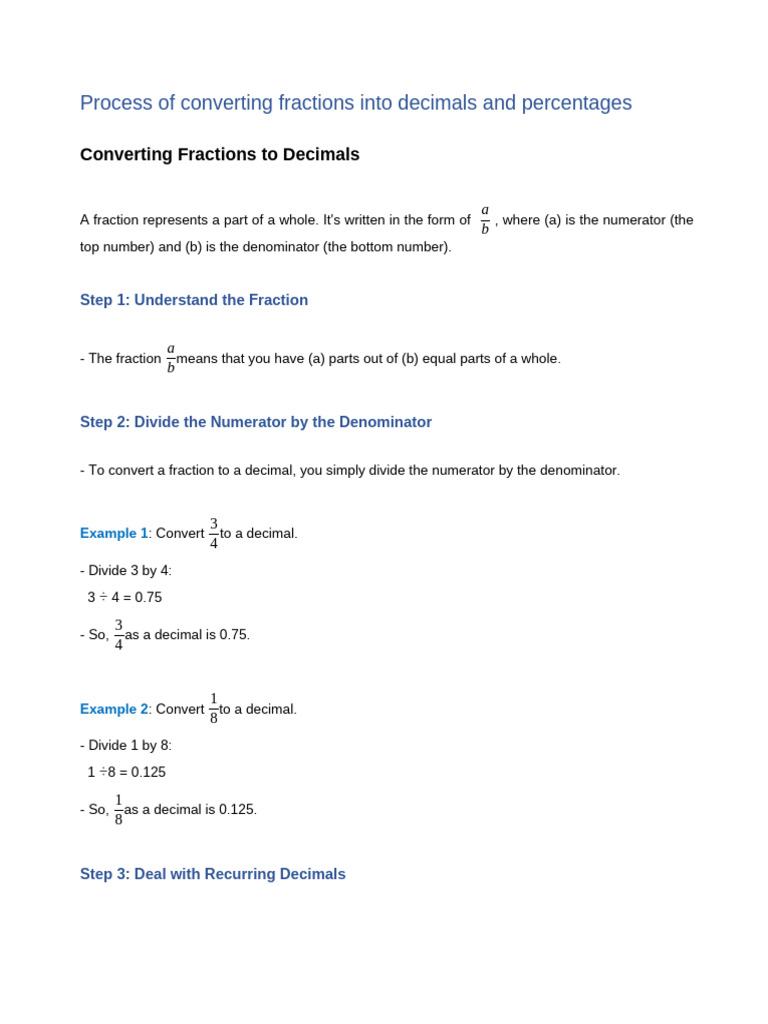 Process of converting fractions into decimals and percentages | PDF ...