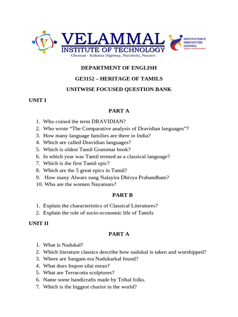 Focused Questions Question Bank For Hot - 1 | PDF | Tamils | South India
