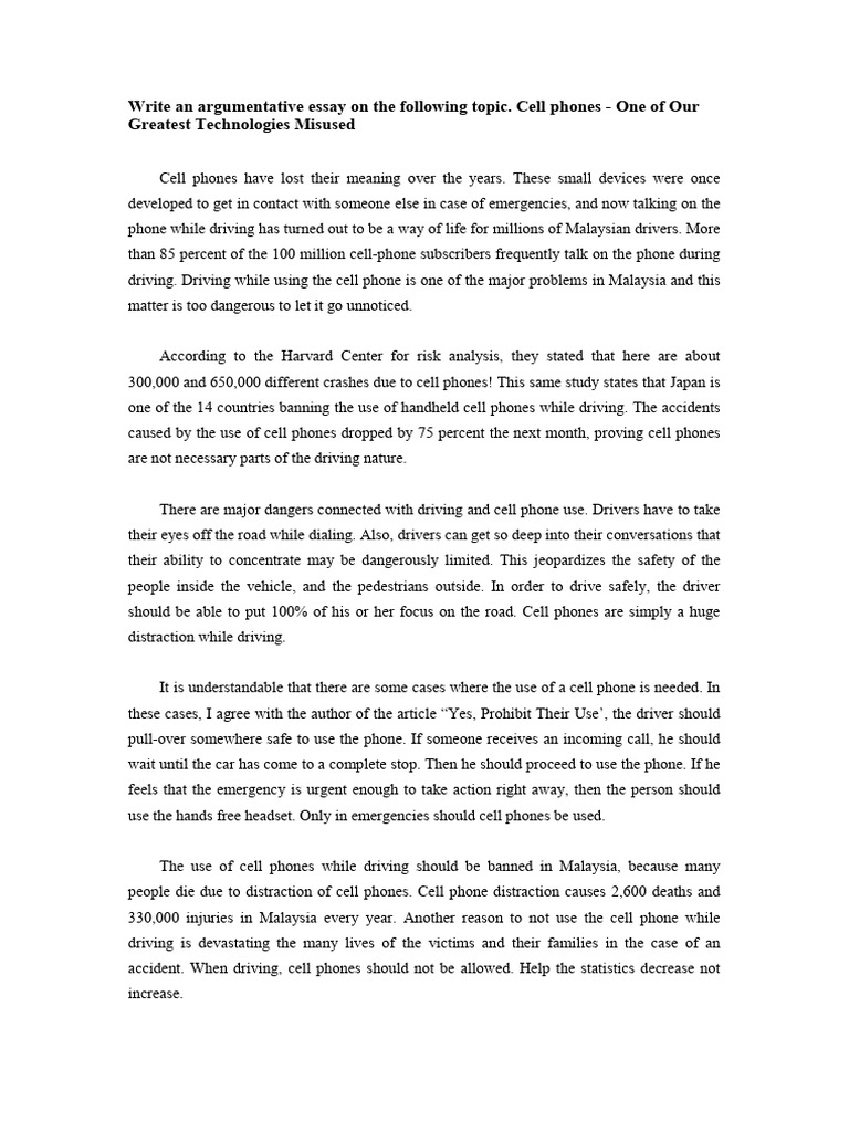 Argumentative Essay Example | PDF | Mobile Phones | Transport Safety