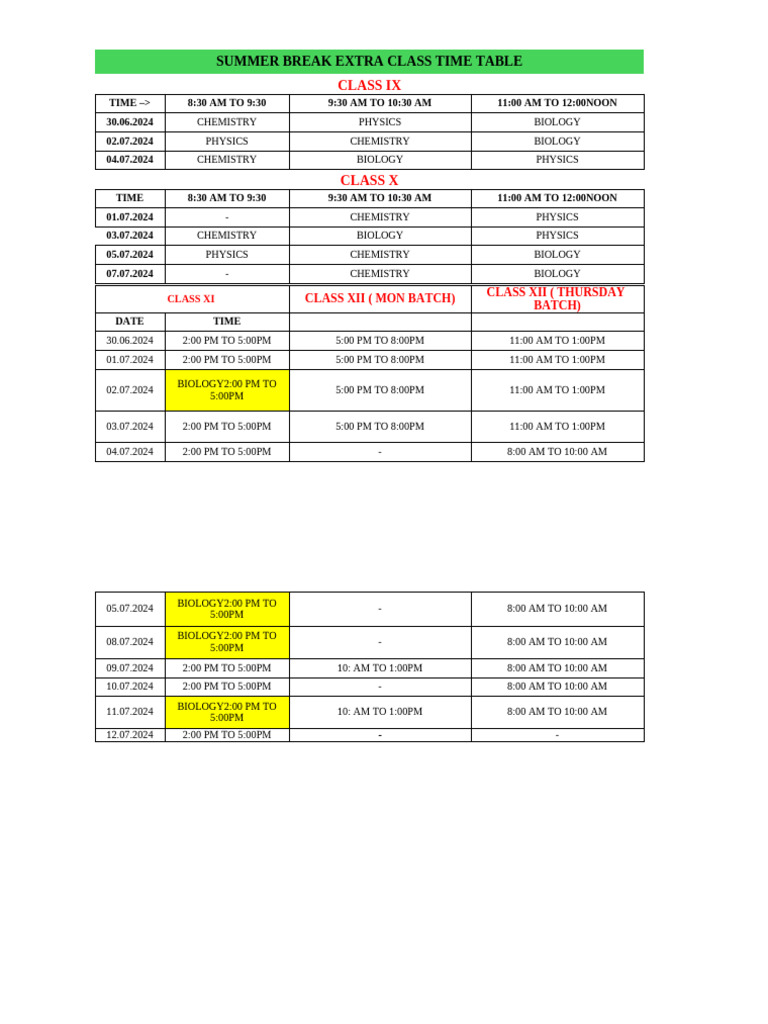Summer Break Extra Class Time Table 2 | PDF