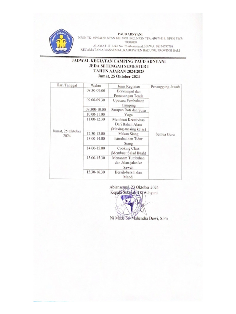 Rundown Camping Paud Adnyani | PDF