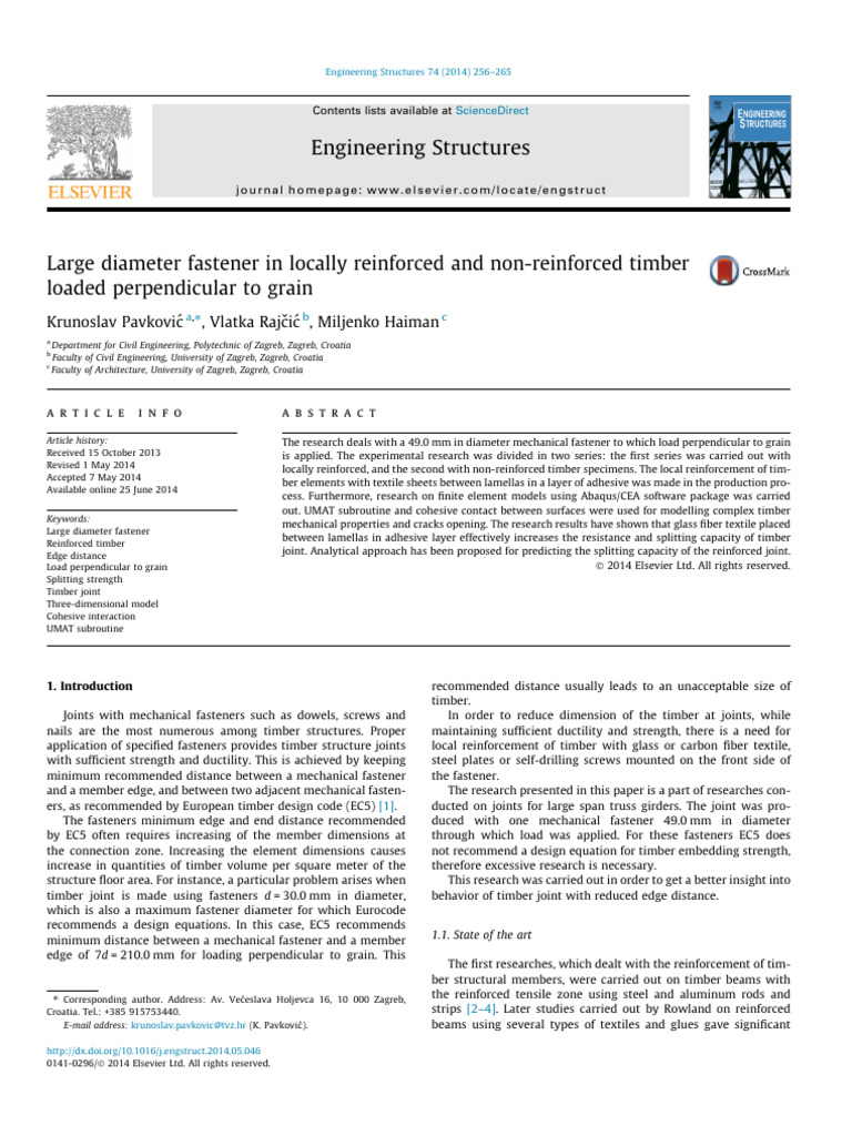 Large Diameter Fastener in Locally Reinforced and Non-Reinforced Timber ...
