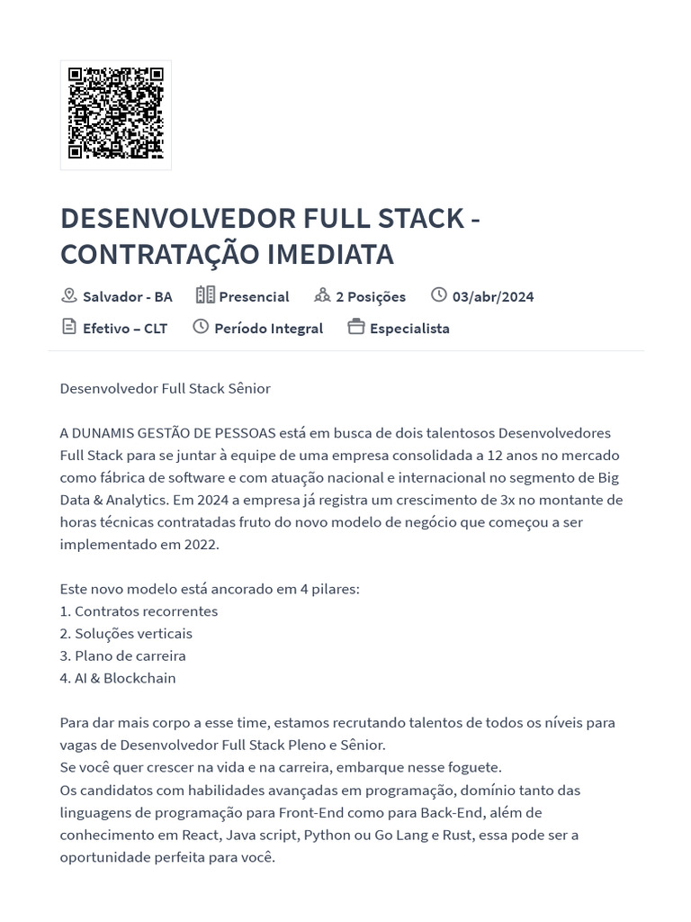 Vaga Desenvolvedor Full Stack | PDF | Linguagem de script | Gestão de recursos humanos