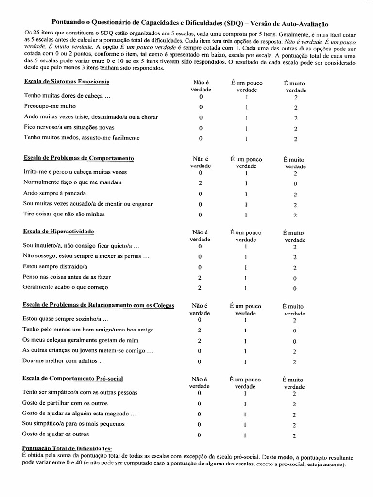 Anexo XXI Folha de Cotação Do SDQ Versão Criança 1 | PDF