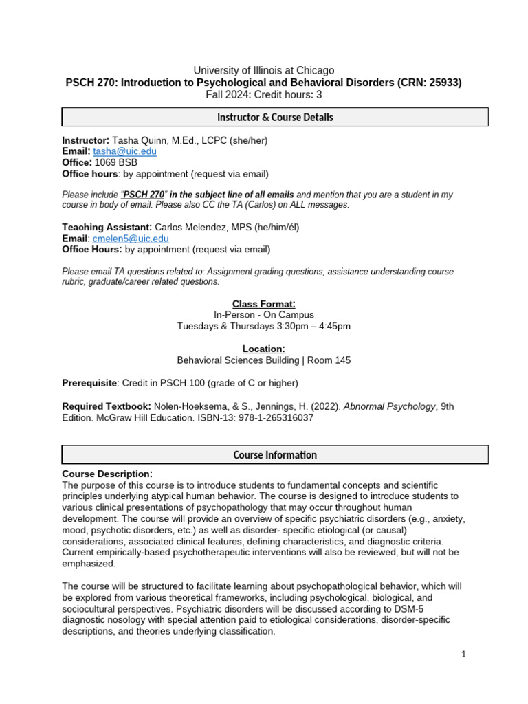 PSCH 270 Syllabus Quinn Fall 2024 | PDF | Plagiarism | Mental Disorder