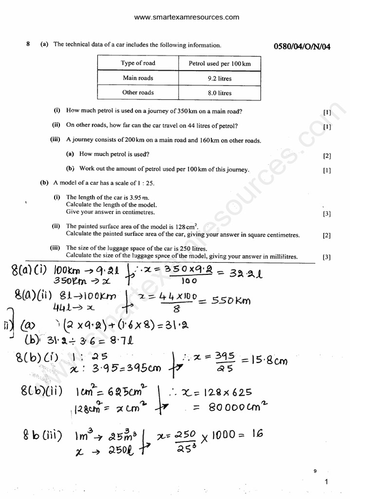 IGCSE Past Papers Math Solved Questions and Answers 1 Paper 4 Topic Numbers Scale Model | PDF