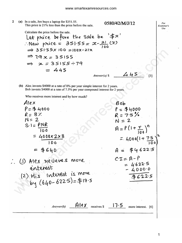 IGCSE Past Papers Math Solved Questions and Answers 1 Paper 4 Topic Numbers Percent Compound ...