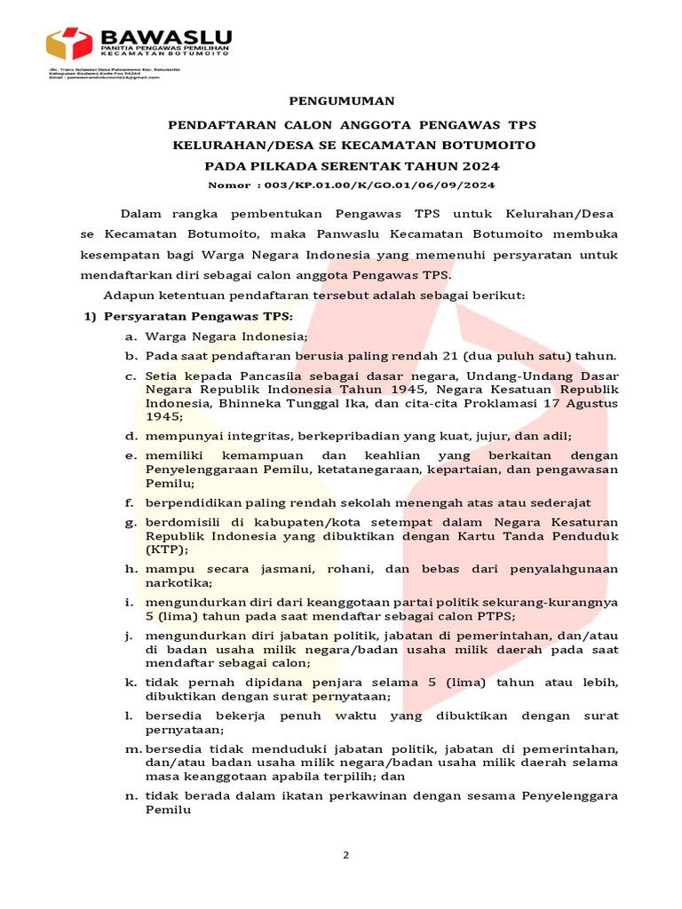 Pengumuman Pendaftaran PTPS PILKADA 2024 | PDF