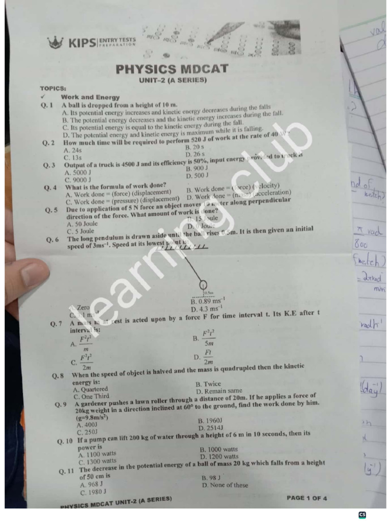 Kips Physics Test Work, Energy and Power.. | PDF