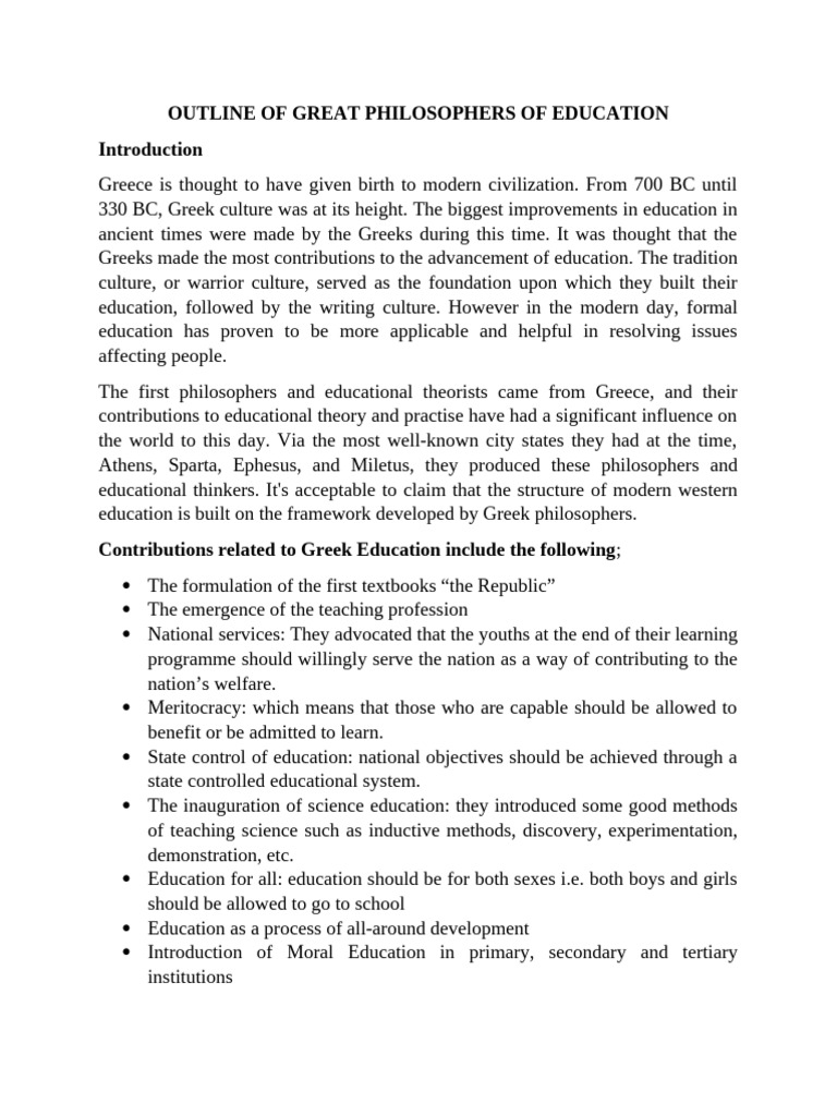 Outline of Great Philosophers of Education | PDF | Socrates | Plato