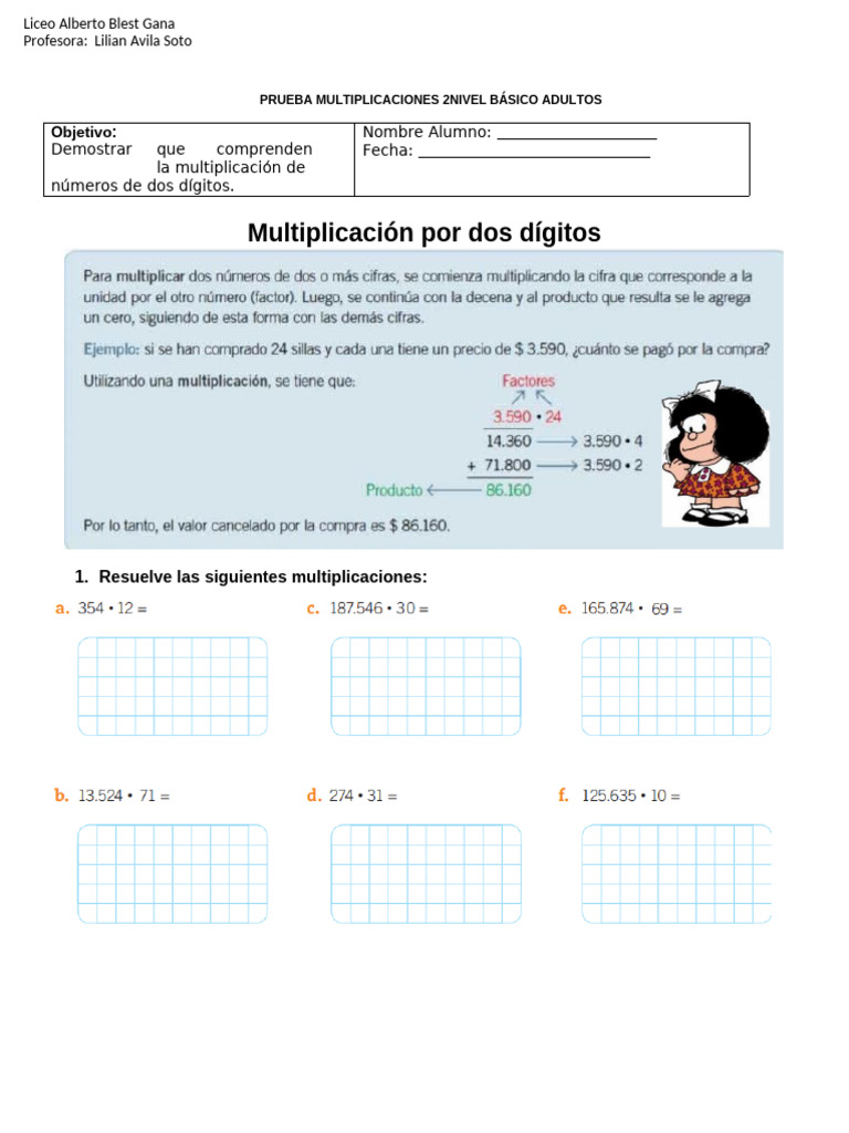 Prueba de Multiplicación 2 Dígitos Adultos | PDF