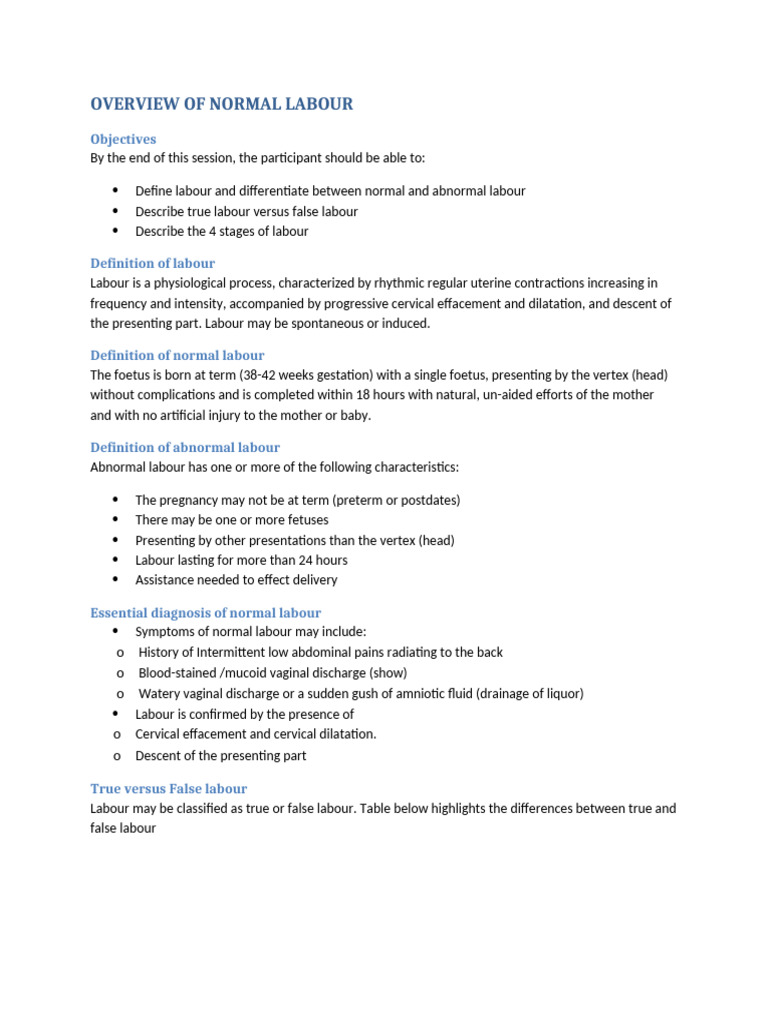Overview of Normal Labour | PDF | Childbirth | Maternal Health