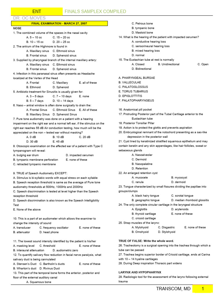 ENT COMPILED FINALS SAMPLEX | PDF | Human Nose | Otorhinolaryngology