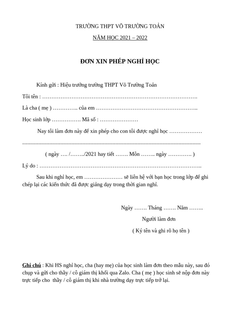 Don Xin Phep Nghi Hoc | PDF