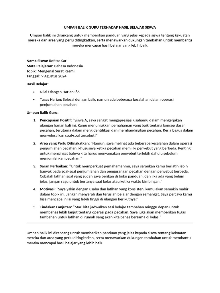 4 Contoh Umpan Balik Guru Terhadap Hasil Belajar Siswa | PDF
