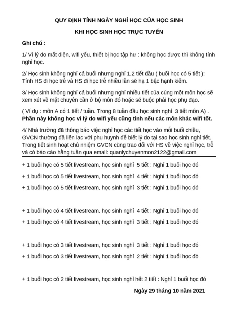 Quy Dinh Tinh Ngay Nghi Cua Hoc Sinh Trong Thoi Gian Hoc Truc Tuyen | PDF