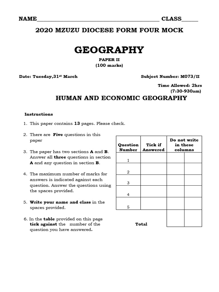 2020 Mzuzu Diocese Geography Mock Exam | PDF | Opec | Natural Environment