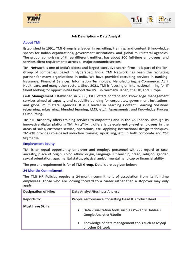 DataAnalyticsConsultant-JD-TMD... | PDF | Data | Analytics