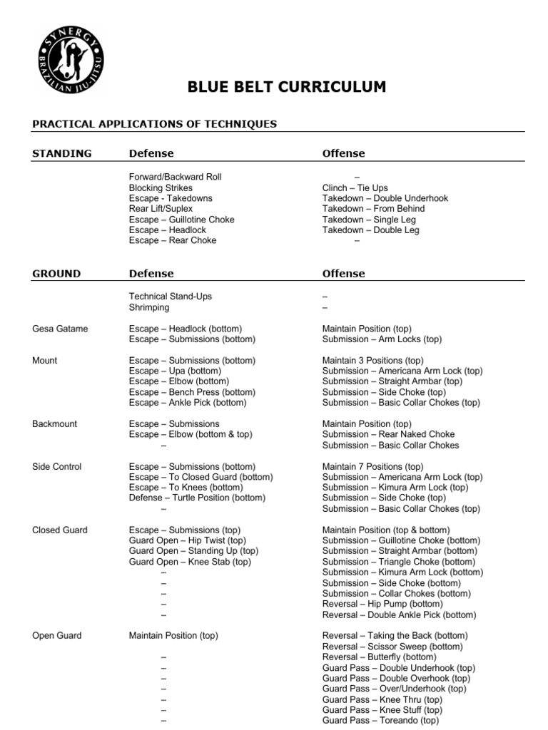 SYNERGY - BJJ Curriculum (Blue Belt) | PDF | Grappling | Mixed Martial ...