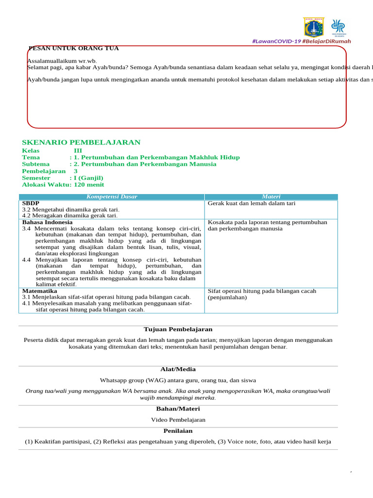 RPP Kelas 3 Selasa 28 Juli 2020 | PDF