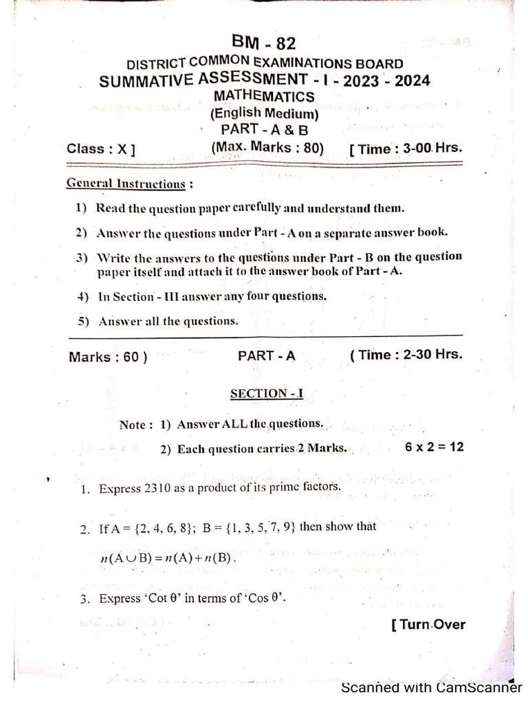 10th SA1 Maths (SangaReddy, 2023-24) | PDF