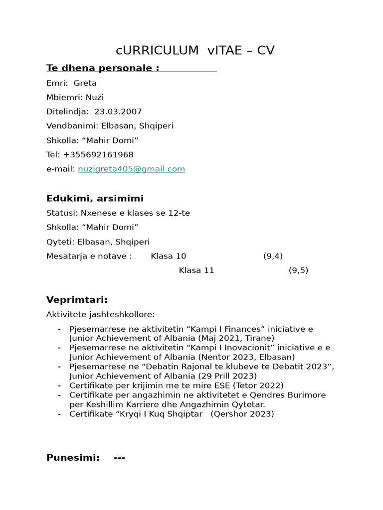 Curriculum Vitae - CV: Te Dhena Personale | PDF