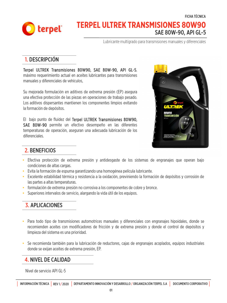 Lubricante Terpel ULTREK 80W90: Ficha Técnica | PDF | Lubricante ...