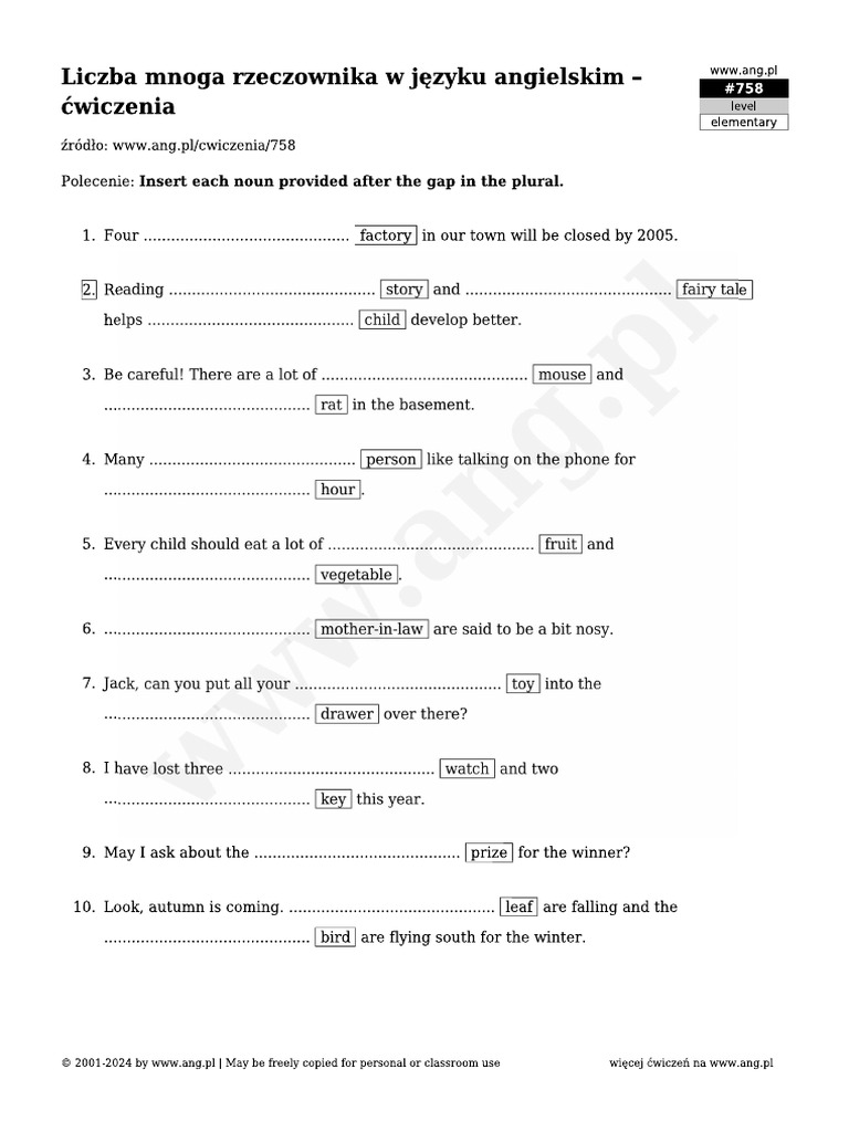 liczba mnoga zadania 2 | PDF