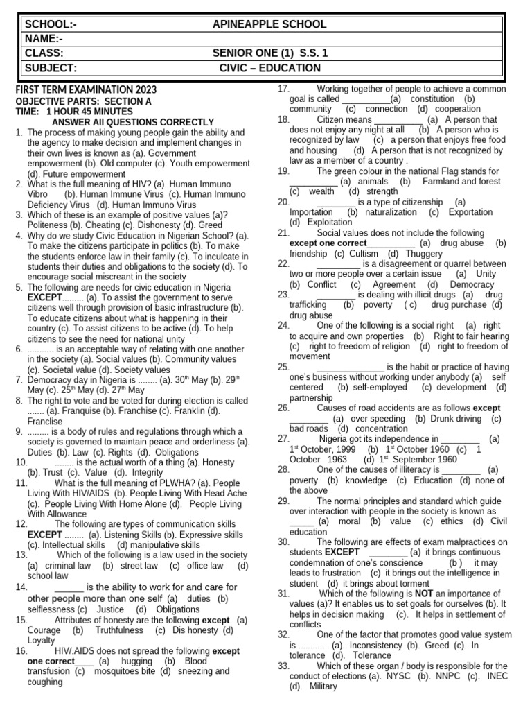 Civic Edu SS1 First Term Exam-Apineapple-1 | PDF | Hiv/Aids | Justice