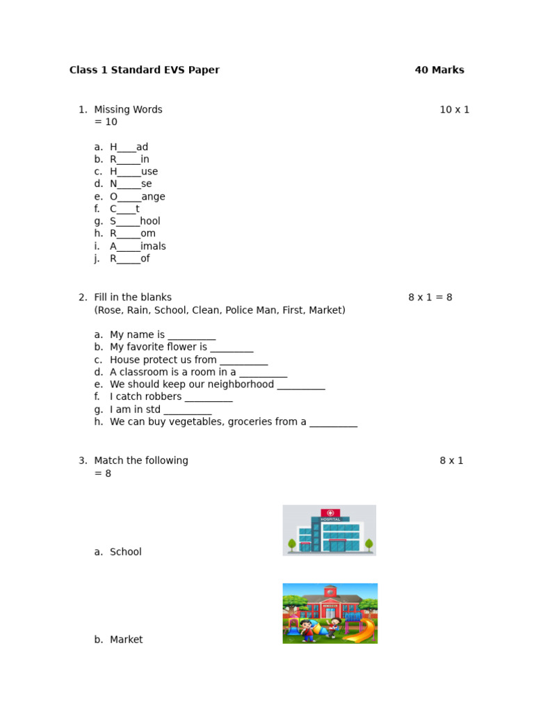 Class 1 Standard EVS Paper | PDF