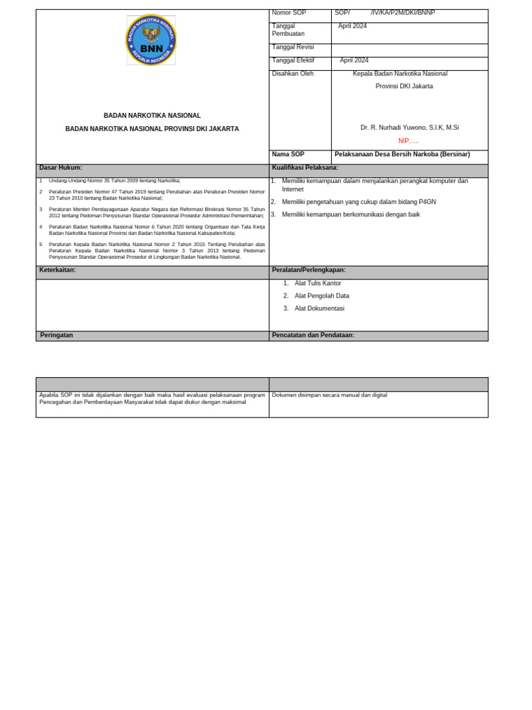 Cover SOP PELAKSANAAN DESA Bersih Narkoba (BERSINAR) | PDF