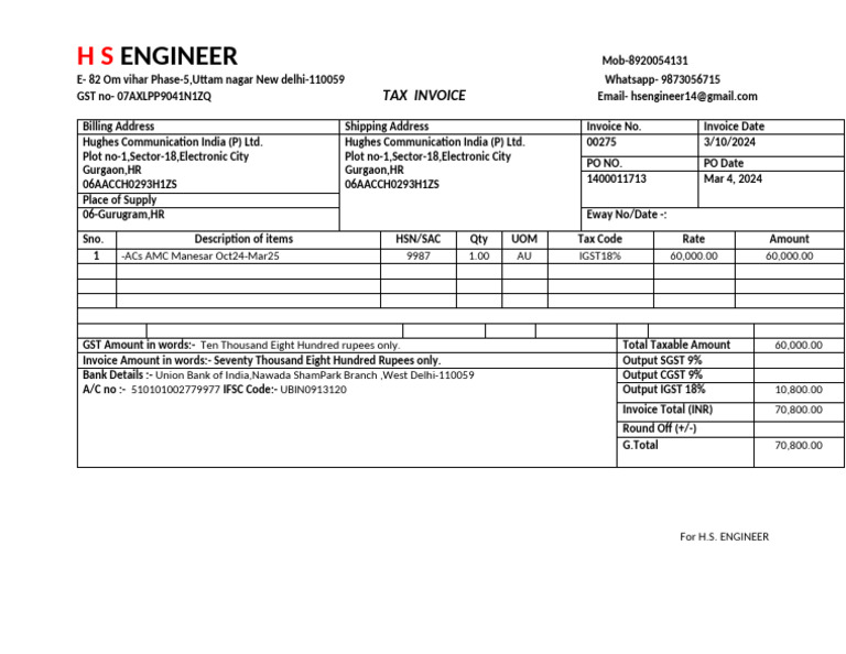Invoice No - 275 For HUghes Communications India (P) LTD | PDF | Sales ...