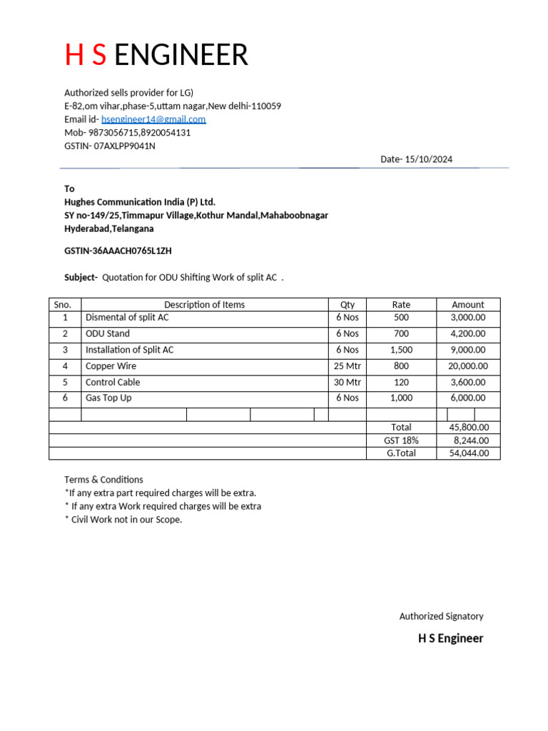 Quotation for ODU Shifting Work of split AC | PDF