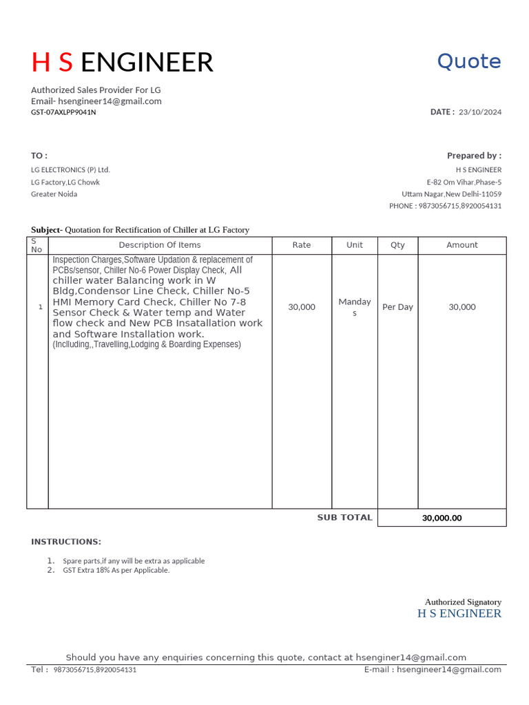 Quotation For Rectification of Chiller at LG Factory | PDF