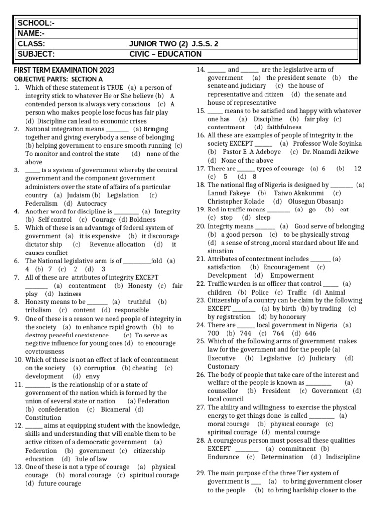 JSS2 Civic Education Exam Questions | PDF | Courage | Integrity