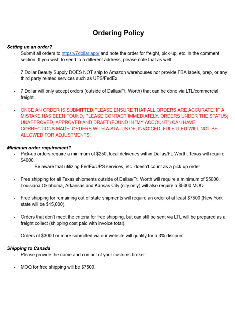 7 Dollar Beauty Supply Ordering Policy | PDF