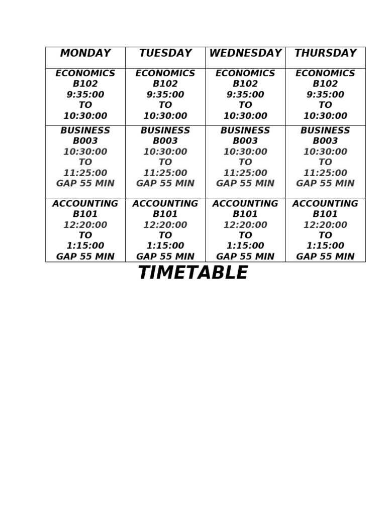 Time Table | PDF | Cooking, Food & Wine