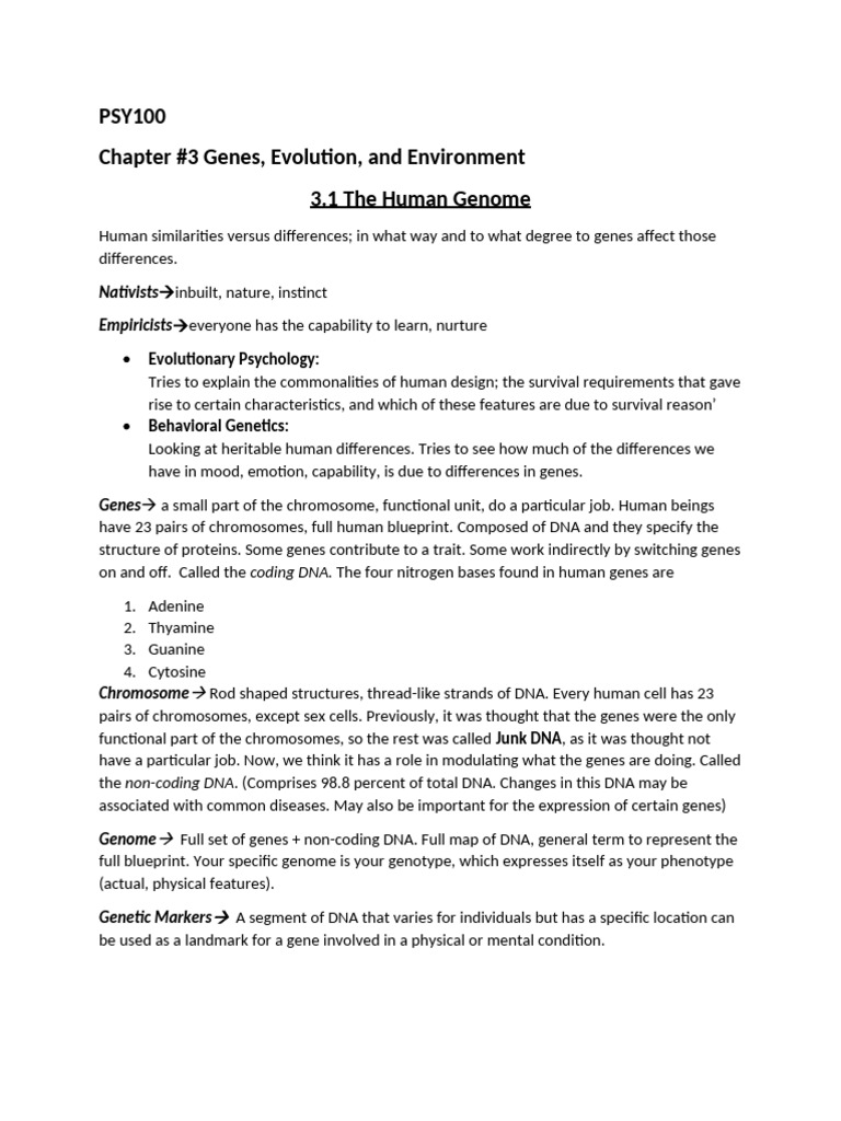 Genes Psychology 100 Notes | PDF | Heritability | Gene