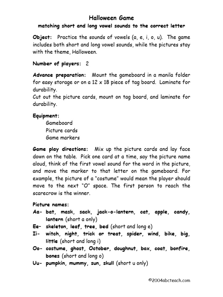 Halloween Vowels Game | PDF | Language Arts & Discipline | Home & Garden