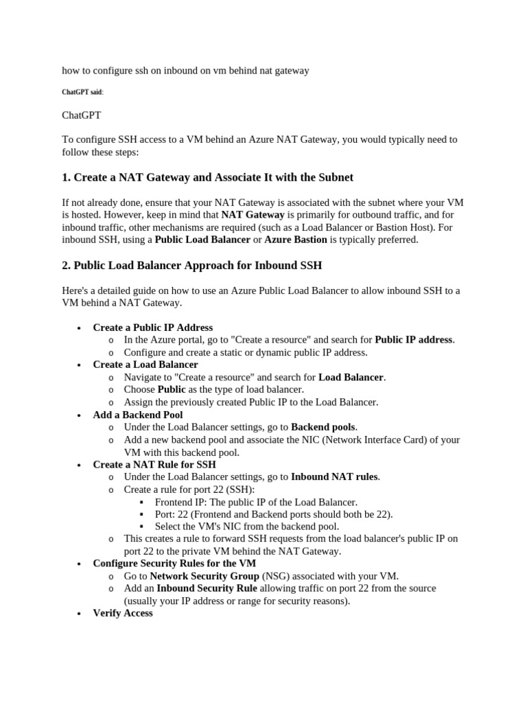 How To Configure Ssh On Inbound On Vm Behind Nat Gateway Pdf Ip Address Port Computer